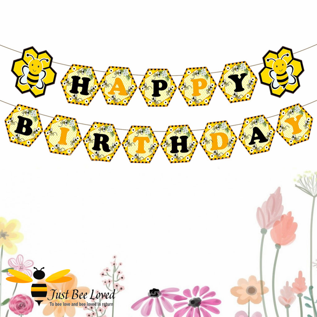 Happy Birthday Bee Themed 15pc Bunting Flags Banner – Just Bee Loved